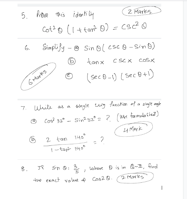 Solved 5. Prove this identity 6. Cot ²0 (1+tan²0) Simplify - | Chegg.com