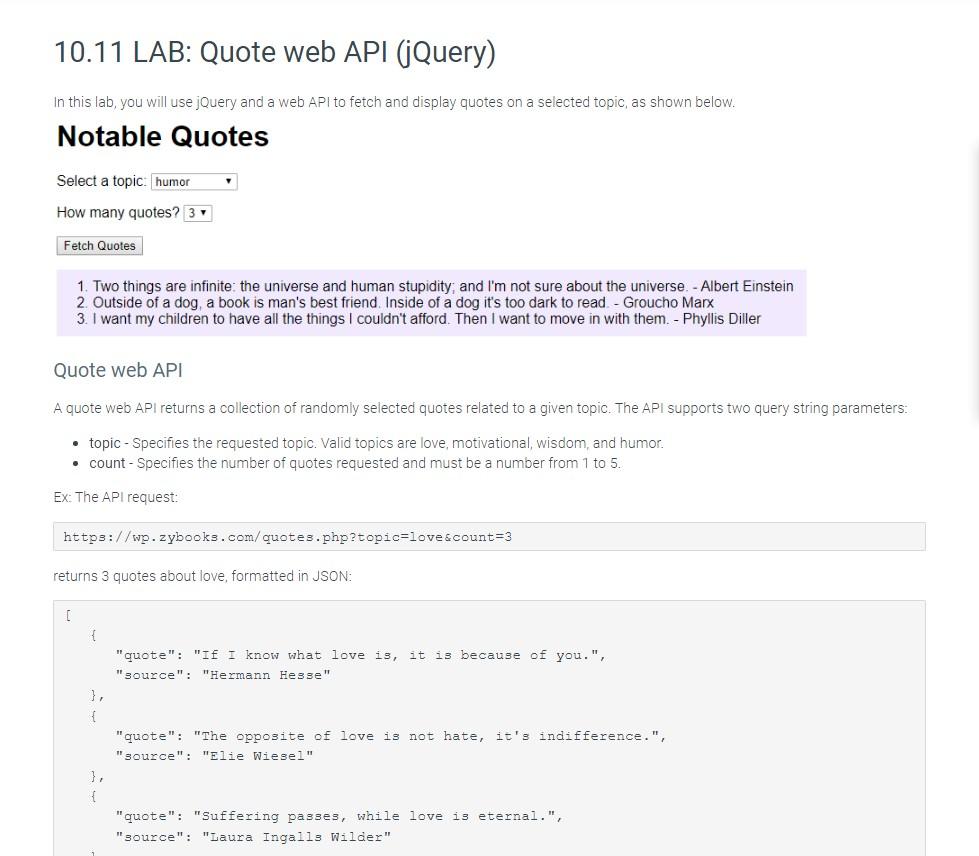 Solved 10.11 LAB: Quote web API (jQuery) I dont understand | Chegg.com