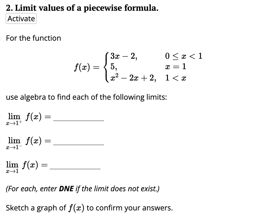 2. Limit values of a piecewise formula. For the | Chegg.com