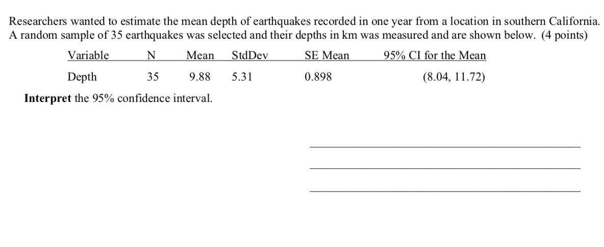 Solved Researchers wanted to estimate the mean depth of | Chegg.com