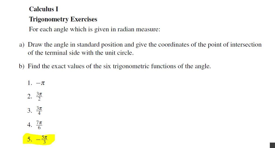 Solved Calculus I Trigonometry Exercises For each angle | Chegg.com