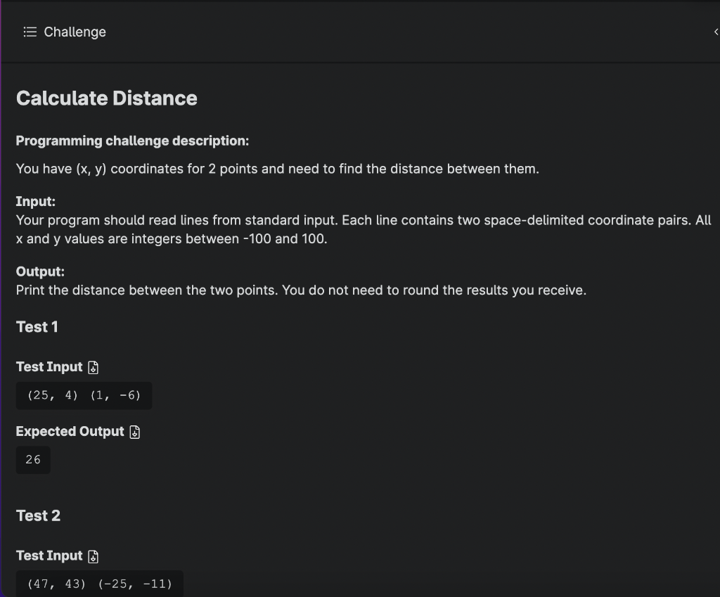 Solved Calculate Distance Programming challenge description: | Chegg.com