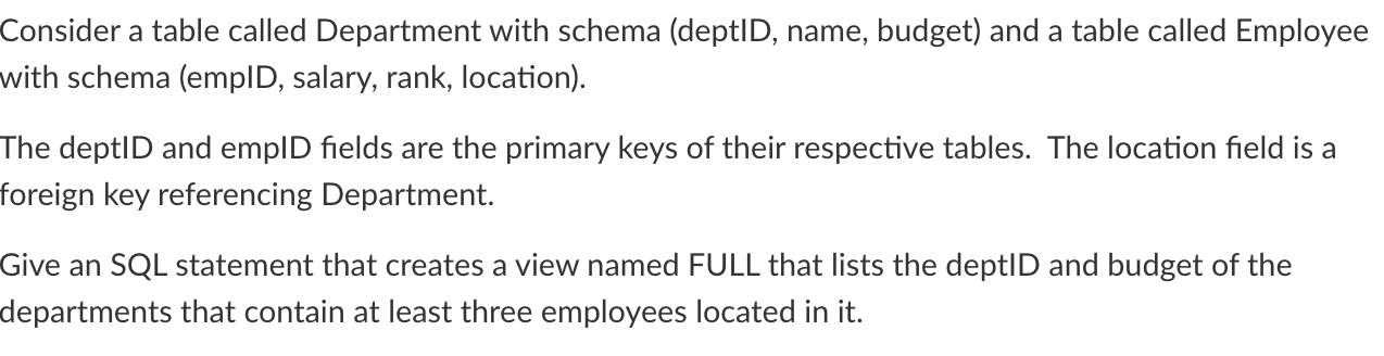 Solved Consider a table called Department with schema | Chegg.com