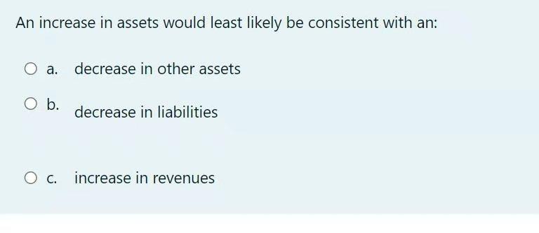 Solved An increase in assets would least likely be | Chegg.com