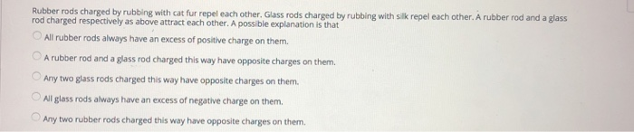 Solved Rubber rods charged by rubbing with cat fur repel | Chegg.com