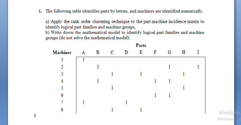 Solved 1. The following table identifies parts by letters, | Chegg.com