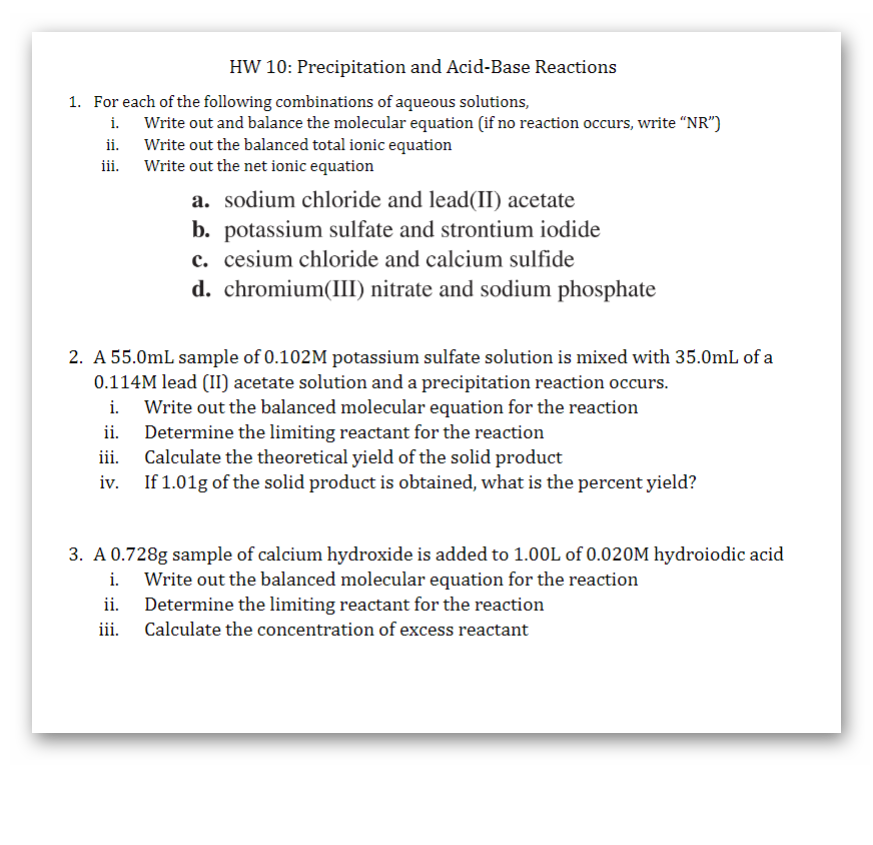 Solved HW 10: Precipitation and Acid-Base Reactions 1. For | Chegg.com