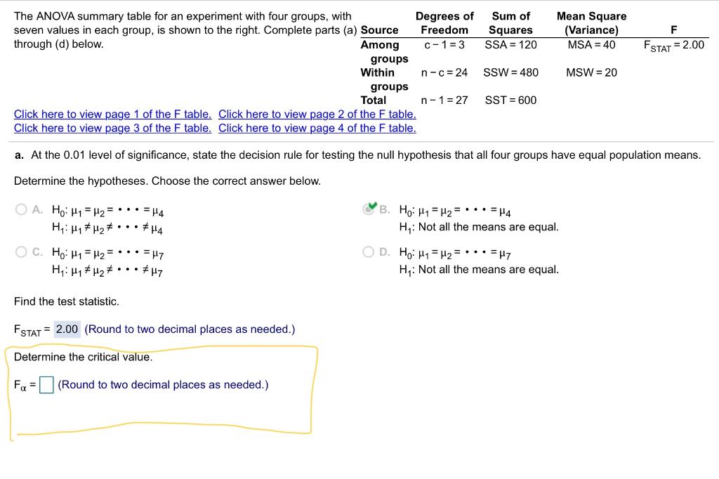 Solved Sum of Squares SSA = 120 Mean Square (Variance) MSA = | Chegg.com