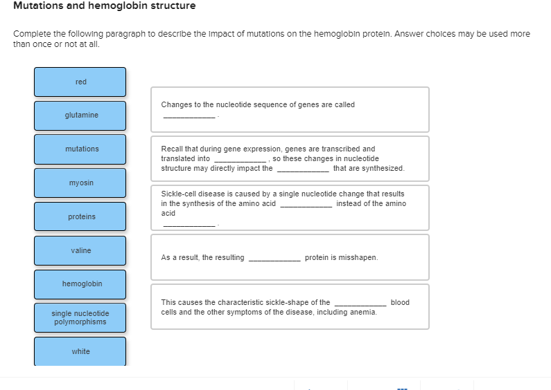 Solved Mutations and hemoglobin structure Complete the | Chegg.com
