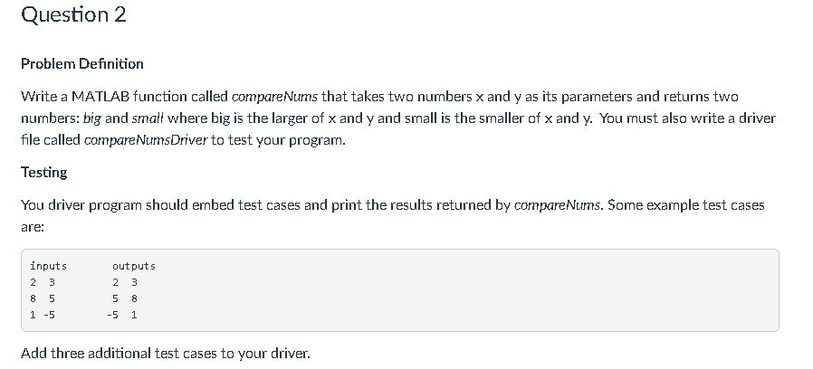 Solved Question 2 Problem Definition Write a MATLAB function | Chegg.com