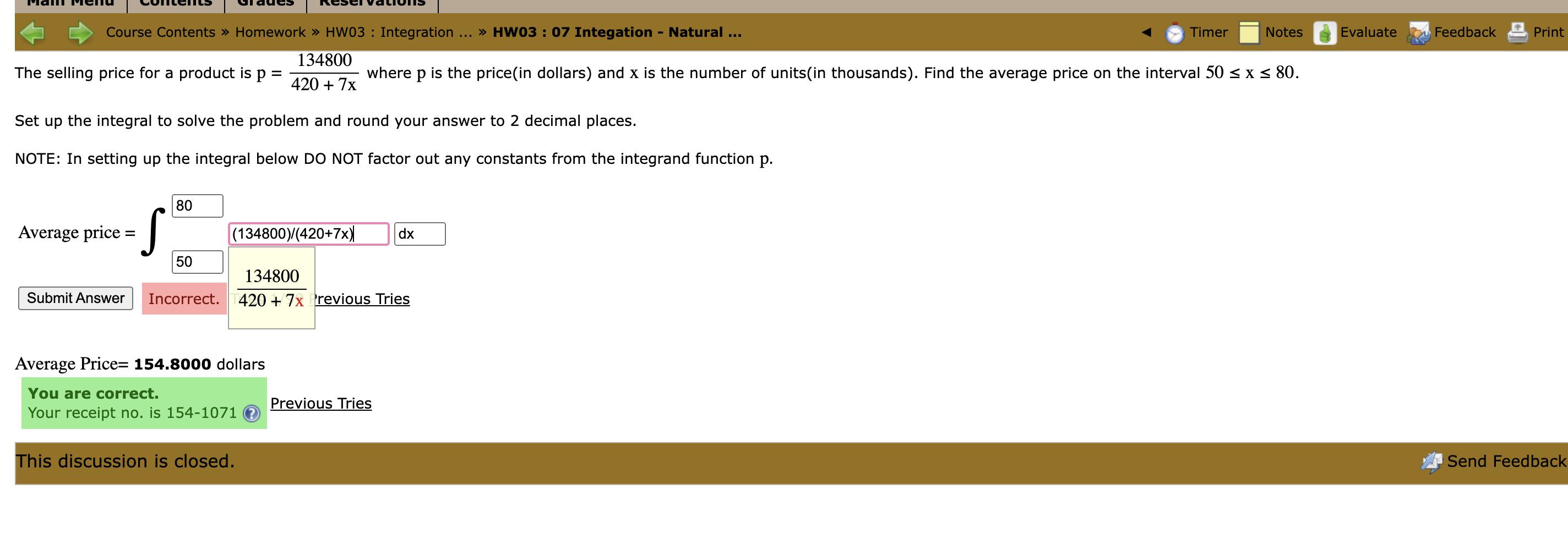 Solved Set up the integral to solve the problem and round | Chegg.com