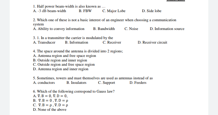 Solved 1. Half power beam-width is also known as ... A. −3 | Chegg.com