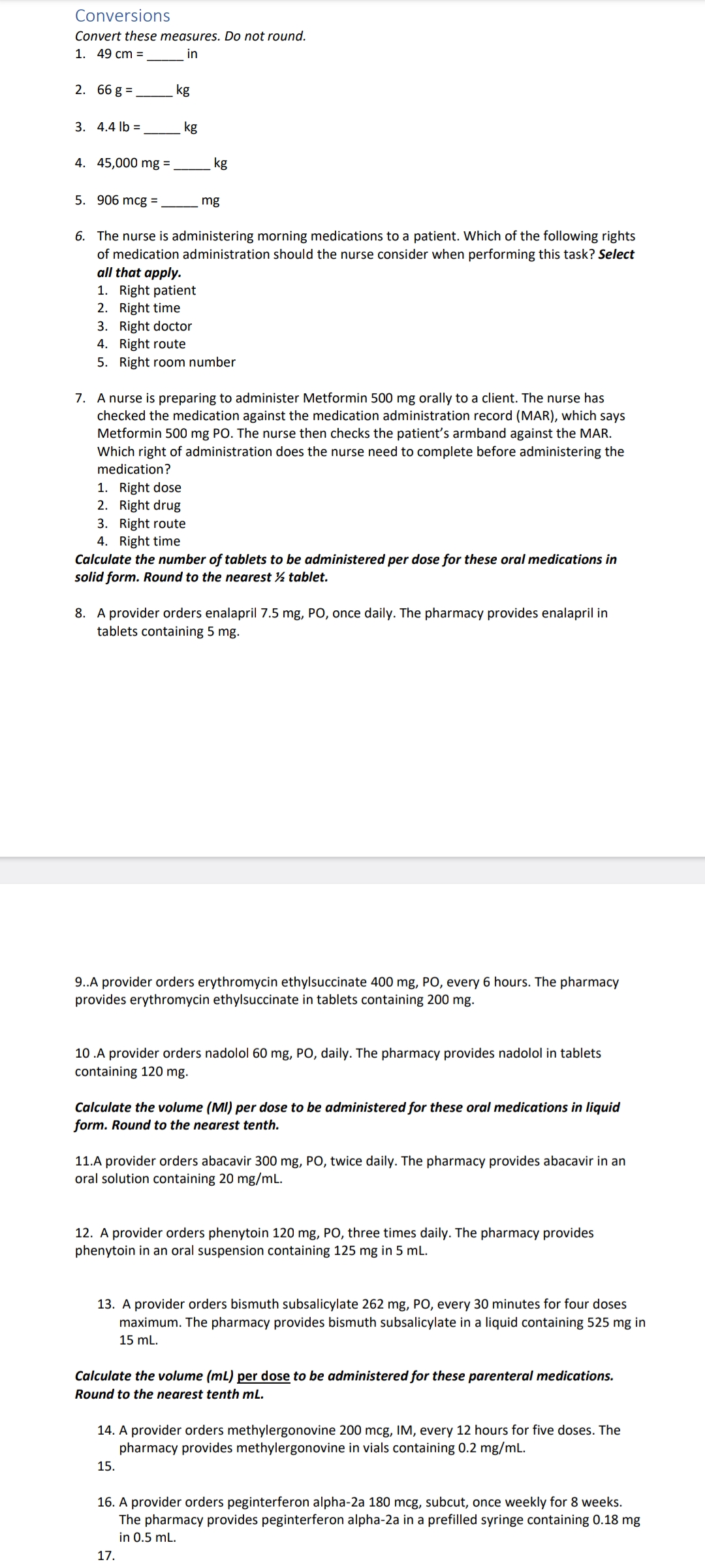 Solved Conversions Convert these measures. Do not round. 1. | Chegg.com