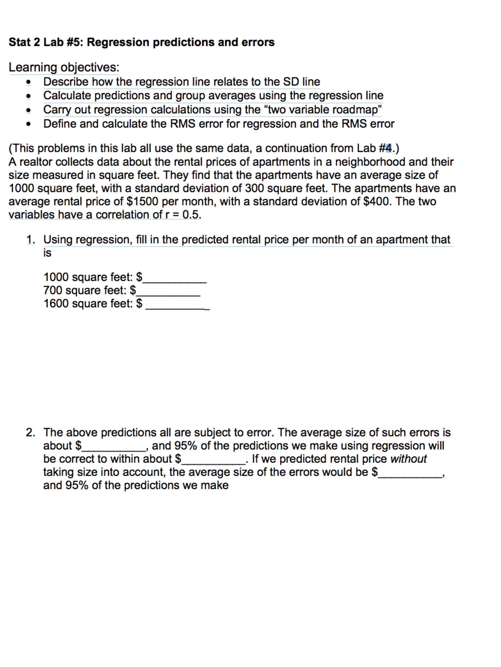 Solved Stat 2 ﻿Lab #5: Regression predictions and | Chegg.com