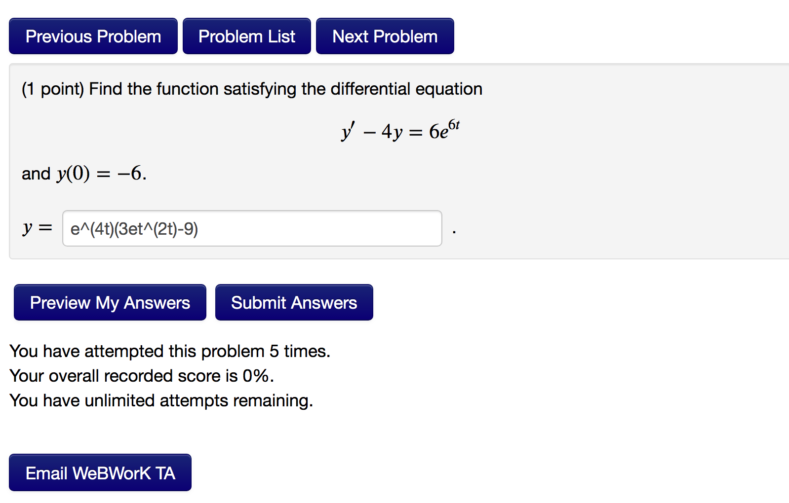 Solved (1 point) Find the function satisfying the | Chegg.com