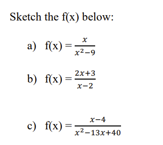 Solved Sketch the f(x) below: a) f(x)=x2−9x b) f(x)=x−22x+3 | Chegg.com