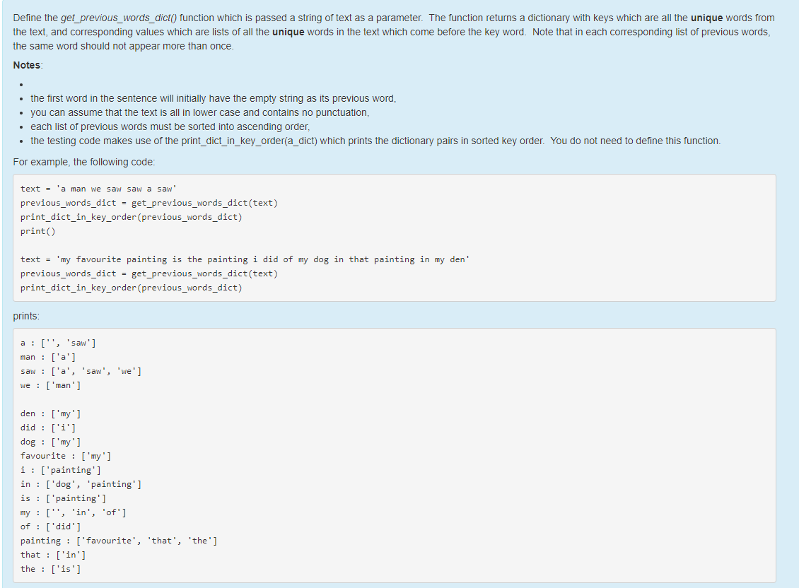 Solved Define the get_previous_words_dict() function which | Chegg.com