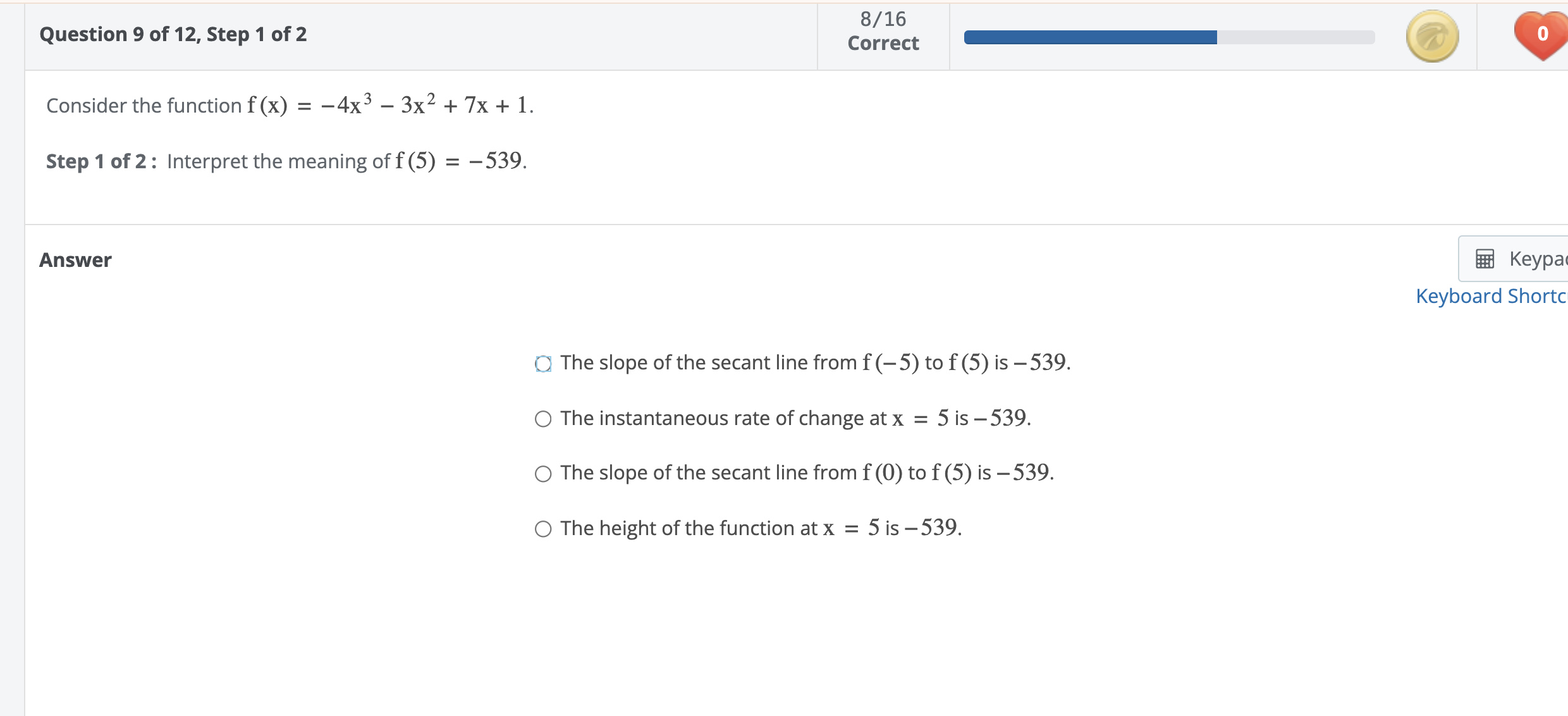 Solved Consider the function f(x)=-4x3-3x2+7x+1.Step 1 ﻿of 2 | Chegg.com