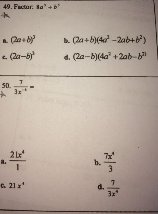 Solved 49. Factor: 8a3 + b3 a. (2+b. (2a+b 4a2 -2ab+b') 50. | Chegg.com