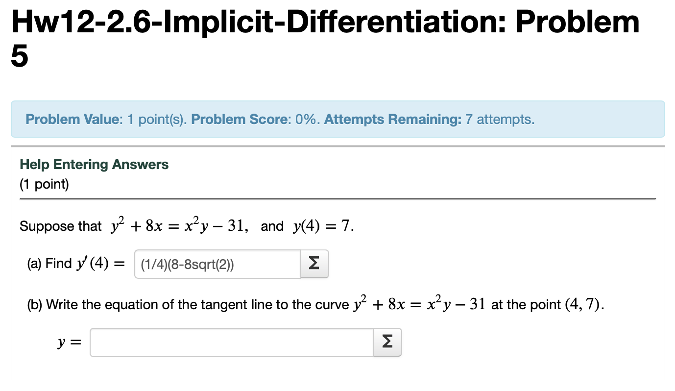 Solved Hw12-2.6-Implicit-Differentiation: Problem 5 Problem | Chegg.com