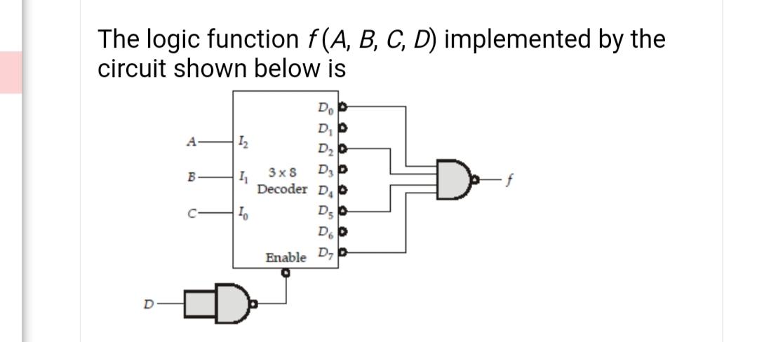 Solved The logic function f(A, B, C, D) implemented by the | Chegg.com