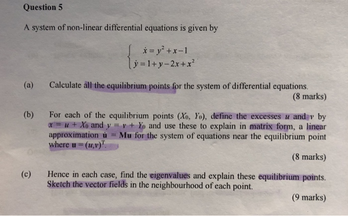 Solved Question 5 A system of non-linear differential | Chegg.com