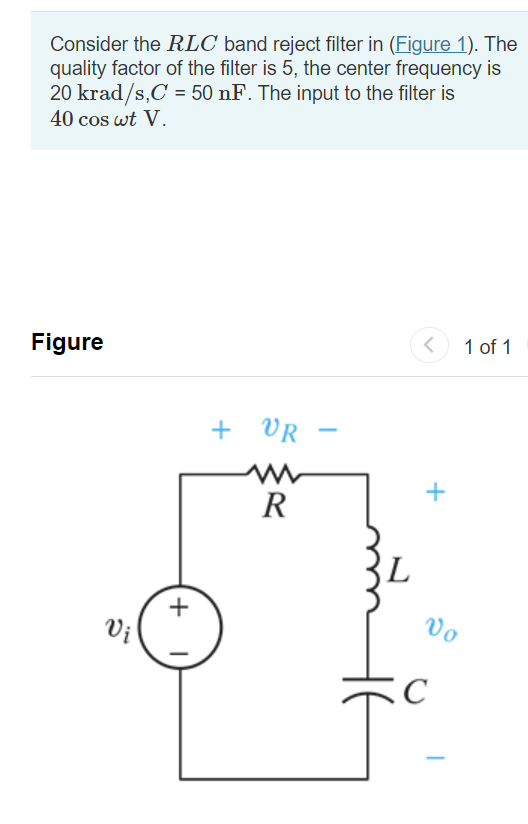 Solved Consider the RLC band reject filter in (Figure 1). | Chegg.com
