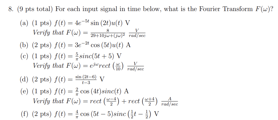 Solved 8. (9 pts total) For each input signal in time below, | Chegg.com