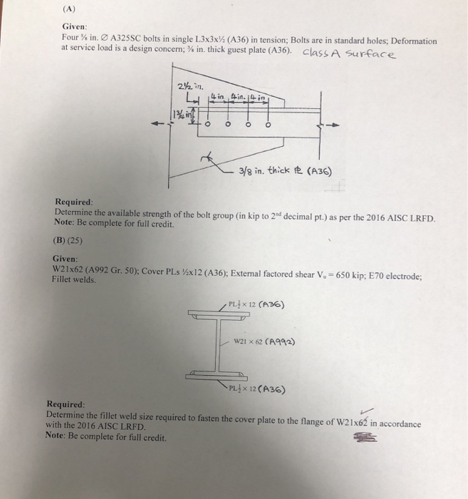 Solved Given Four % in. A325 SC bolts in single L3x3xh (A36) | Chegg.com