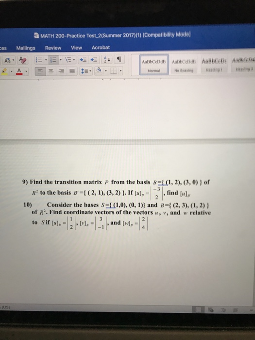 Solved Find the transition matrix P from the basis B = {(1, | Chegg.com