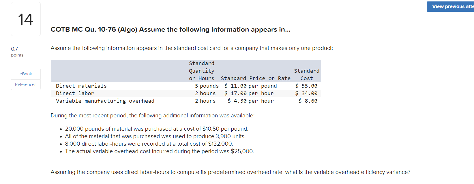Solved View previous atte 14 COTB MC Qu. 10-76 (Algo) Assume | Chegg.com