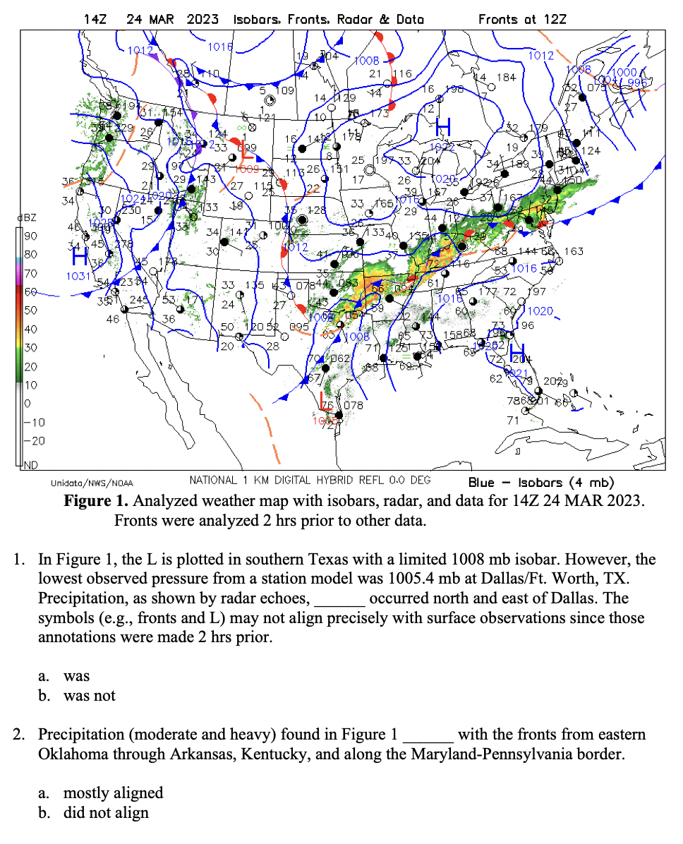 Solved Figure 1. Analyzed weather map with isobars, radar, | Chegg.com