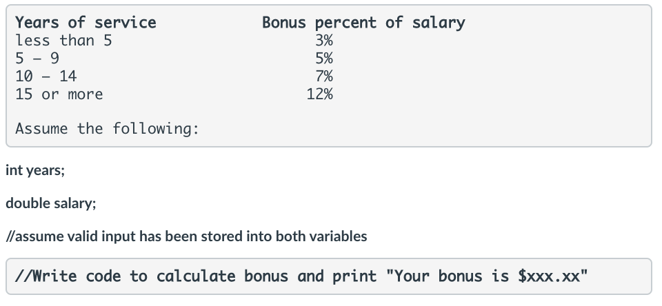 Solved //c++ //Assume salary (double) and years (int) have | Chegg.com