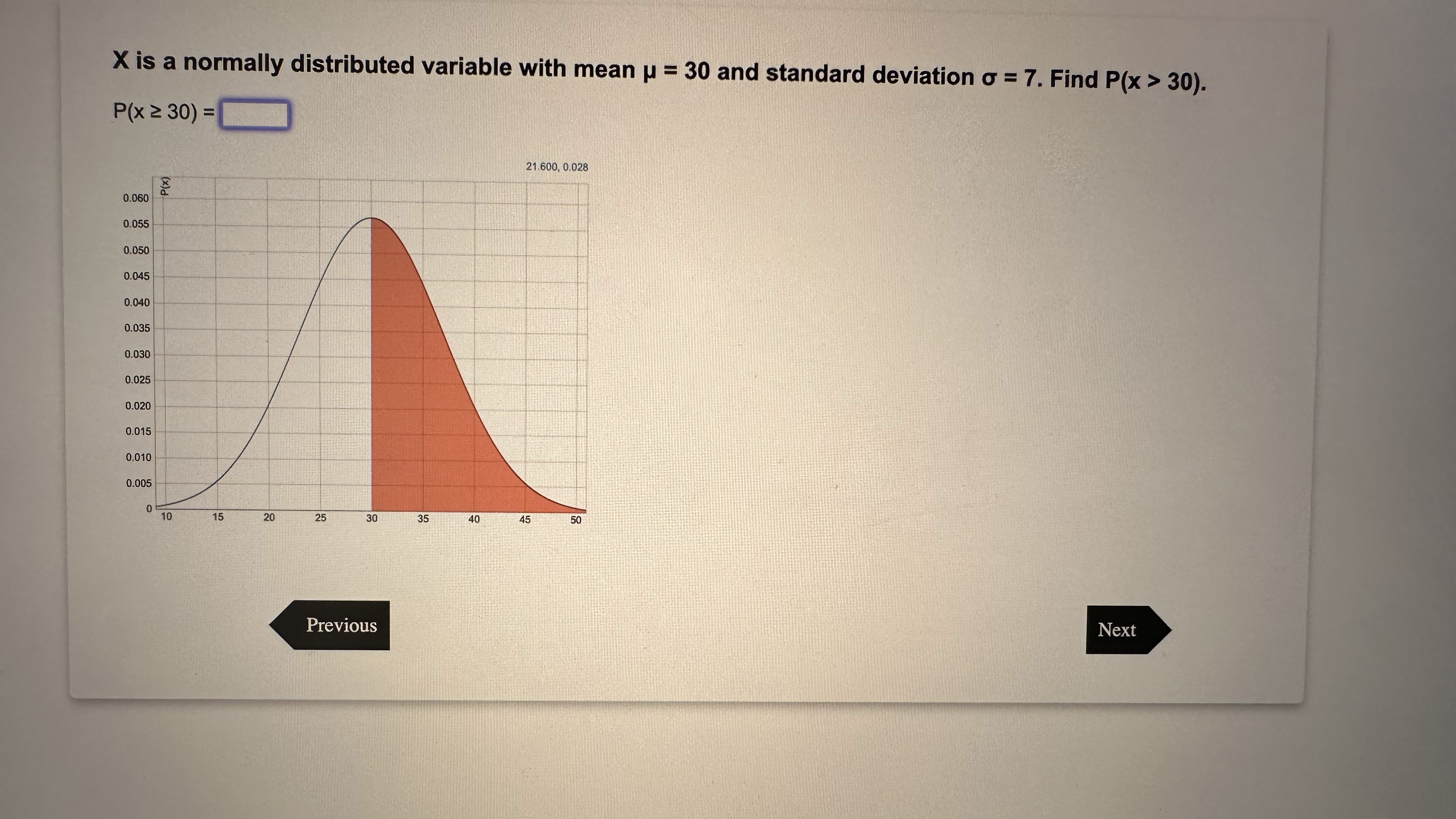 Solved x ﻿is a normally distributed variable with mean μ=30 | Chegg.com