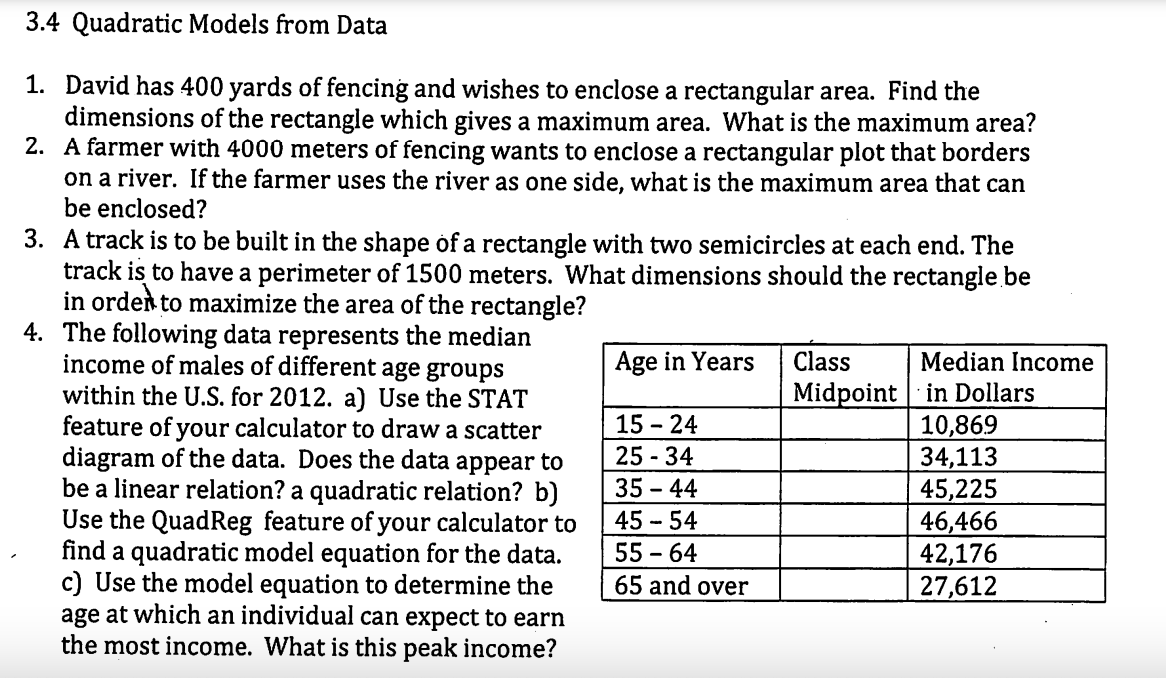 Solved 3.4 Quadratic Models from Data 1. David has 400 yards | Chegg.com