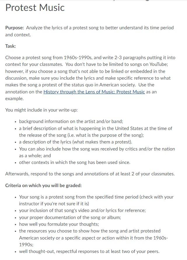 Protest Music Purpose: Analyze the lyrics of a | Chegg.com
