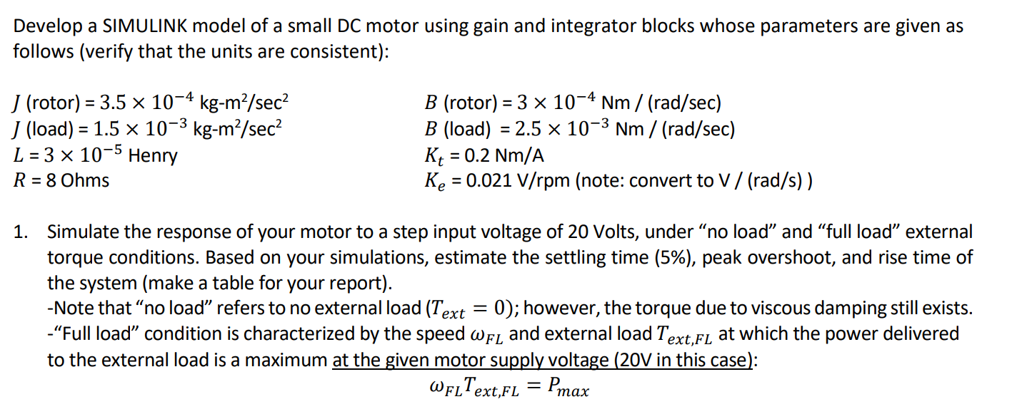 Develop a SIMULINK model of a small DC motor using | Chegg.com