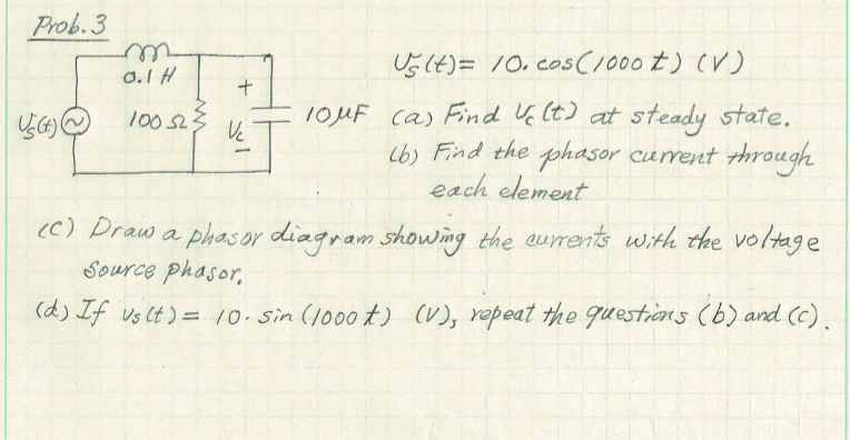 Solved Prob.. 3 Vs(t)=10⋅cos(1000t)(V) (a) Find vc(t) at | Chegg.com