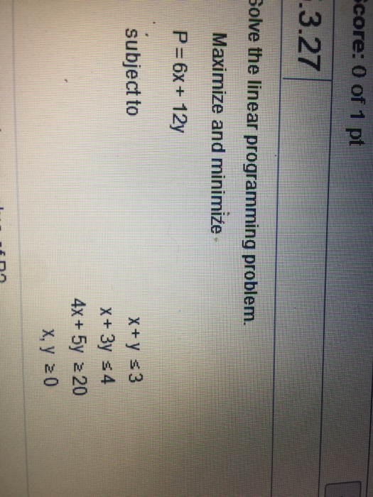 Solved core: 0 of 1 pt 3.27 olve the linear programming | Chegg.com Solved core: 0 of 1 pt 3.27 olve the linear programming | Chegg.com
