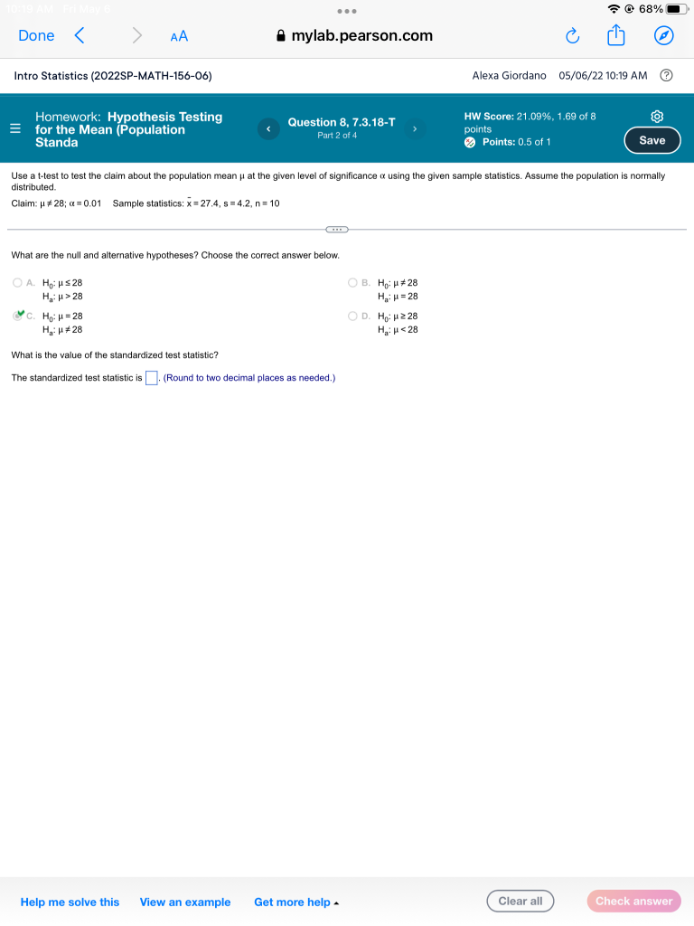 Solved ... 68% Done AA mylab.pearson.com Intro Statistics | Chegg.com