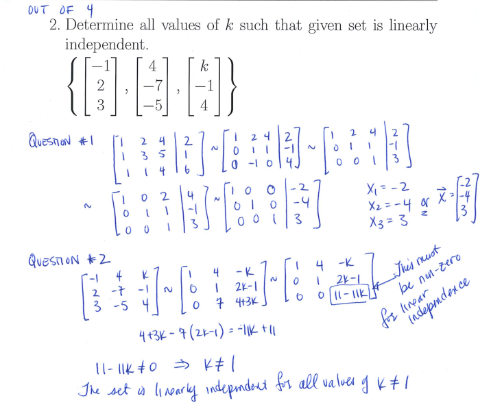 Solved 2 Determine All Values Of K Such That Given Set Is