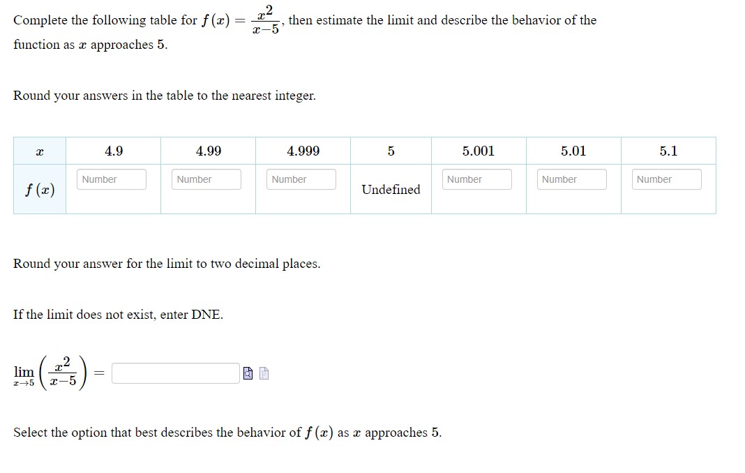 Solved Complete the following table for f(x)=x2x-5, ﻿then | Chegg.com