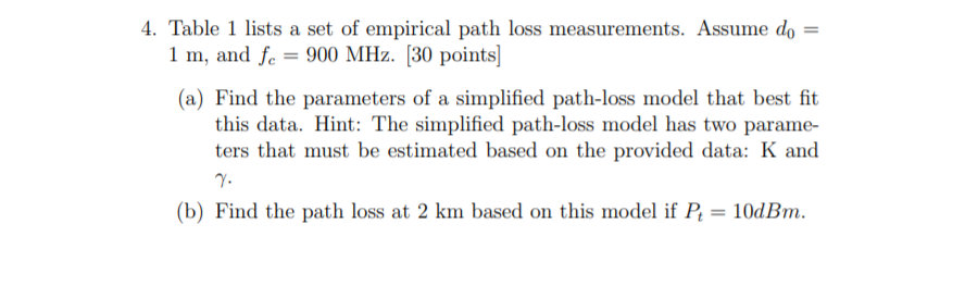 4. Table 1 lists a set of empirical path loss | Chegg.com