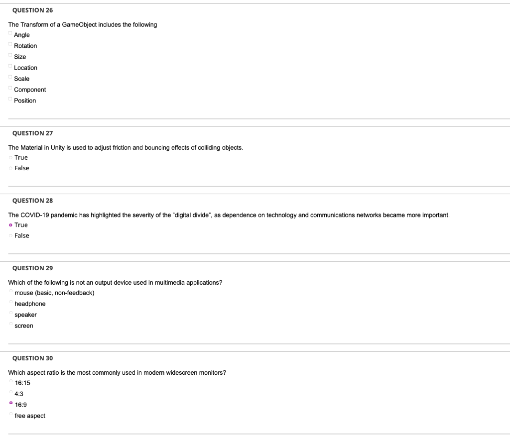 Solved QUESTION 26 The Transform of a GameObject includes | Chegg.com