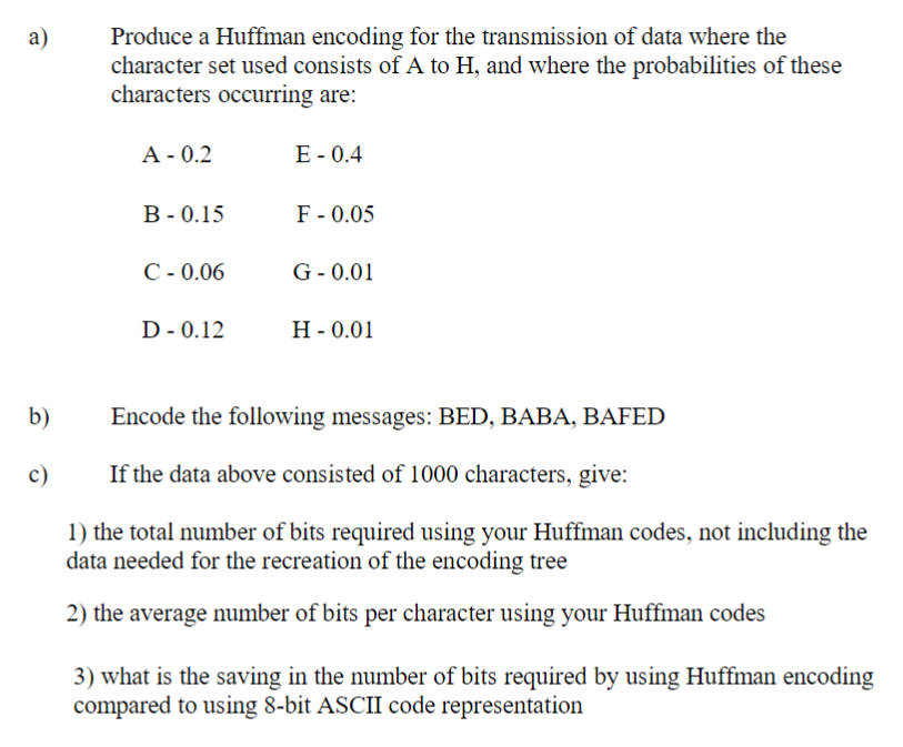 Solved a) Produce a Huffman encoding for the transmission of | Chegg.com