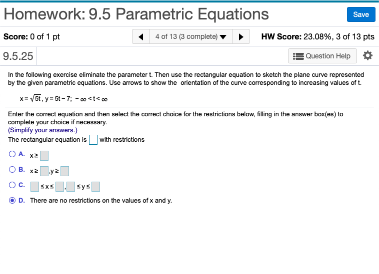 Solved In the following exercise eliminate the parameter t. | Chegg.com