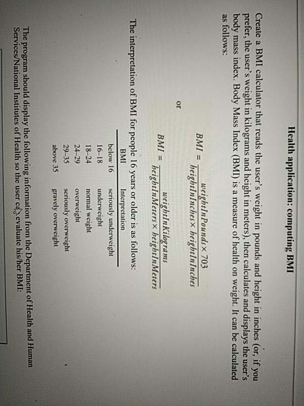 Solved Health application: computing BMI Create a BMI | Chegg.com