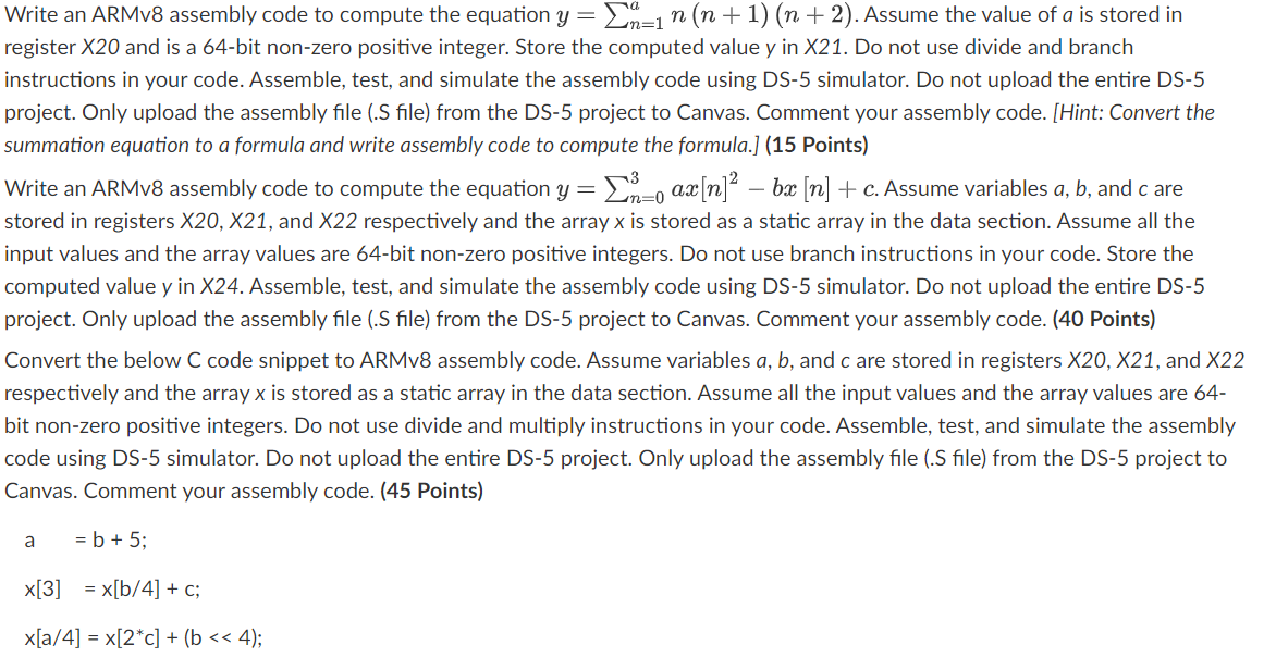 Write an ARMv8 assembly code to compute the equation | Chegg.com