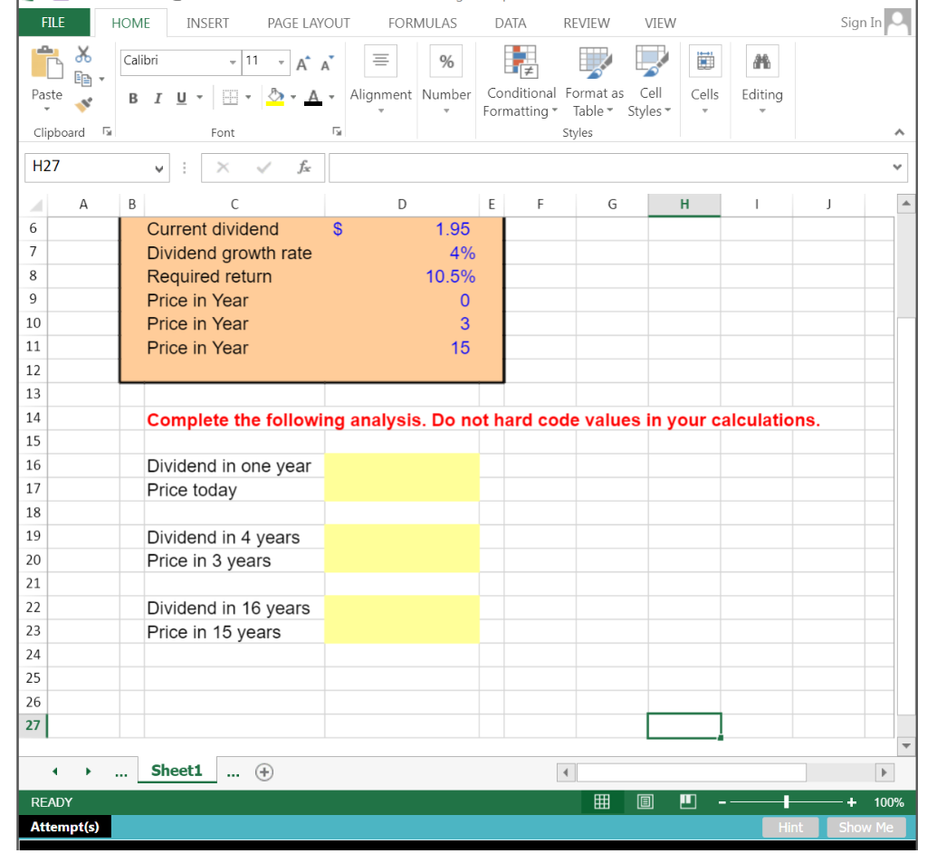 Solved x! Calculating stock price - Excel ? FILE HOME INSERT | Chegg.com