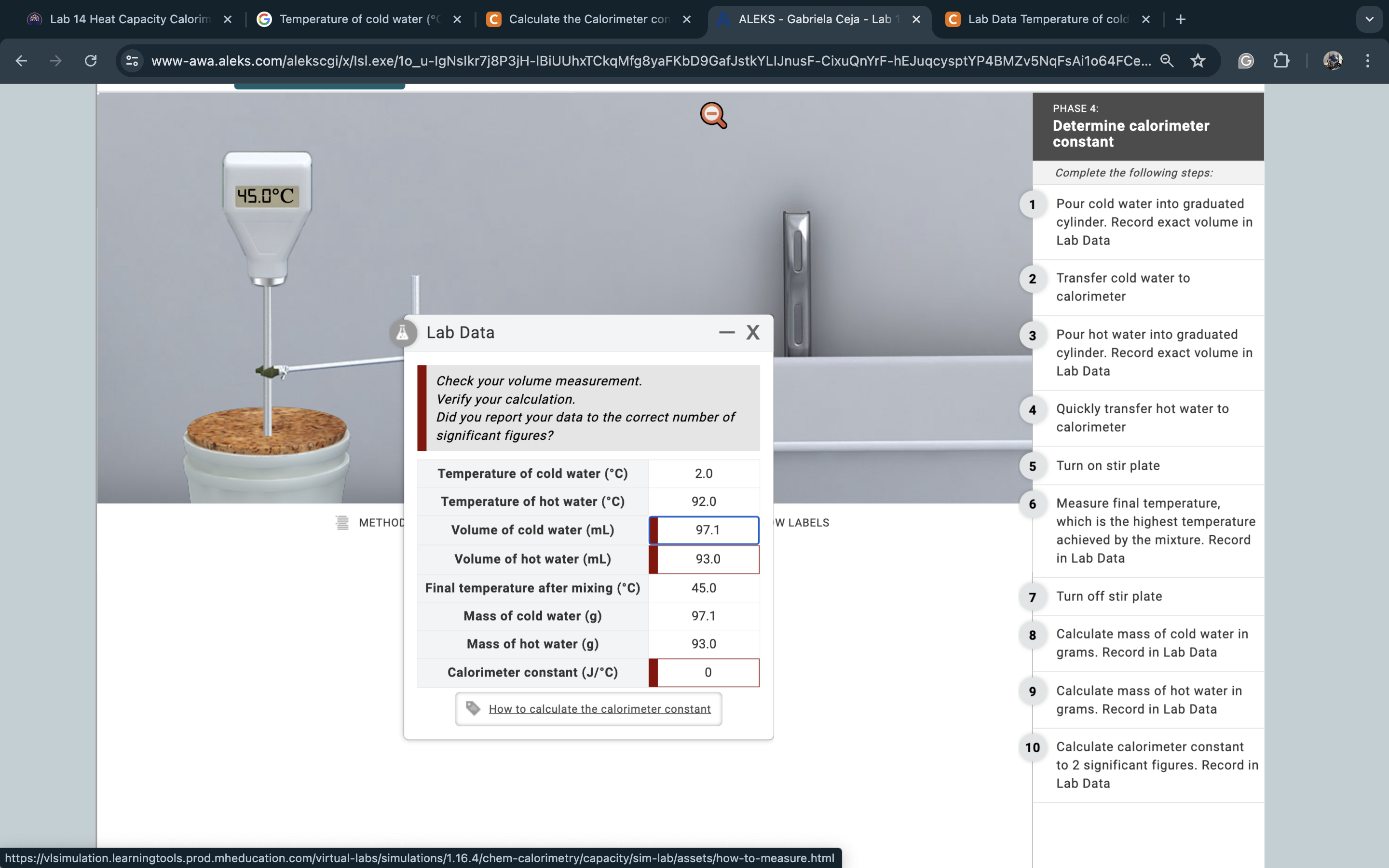 Solved Lab 14 ﻿Heat Capacity CalorinTemperature of cold | Chegg.com